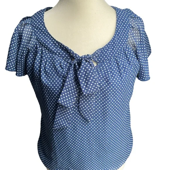 Sara Michelle | Tops | Sara Michelle Blue White Polka Dot Ribbon Front ...